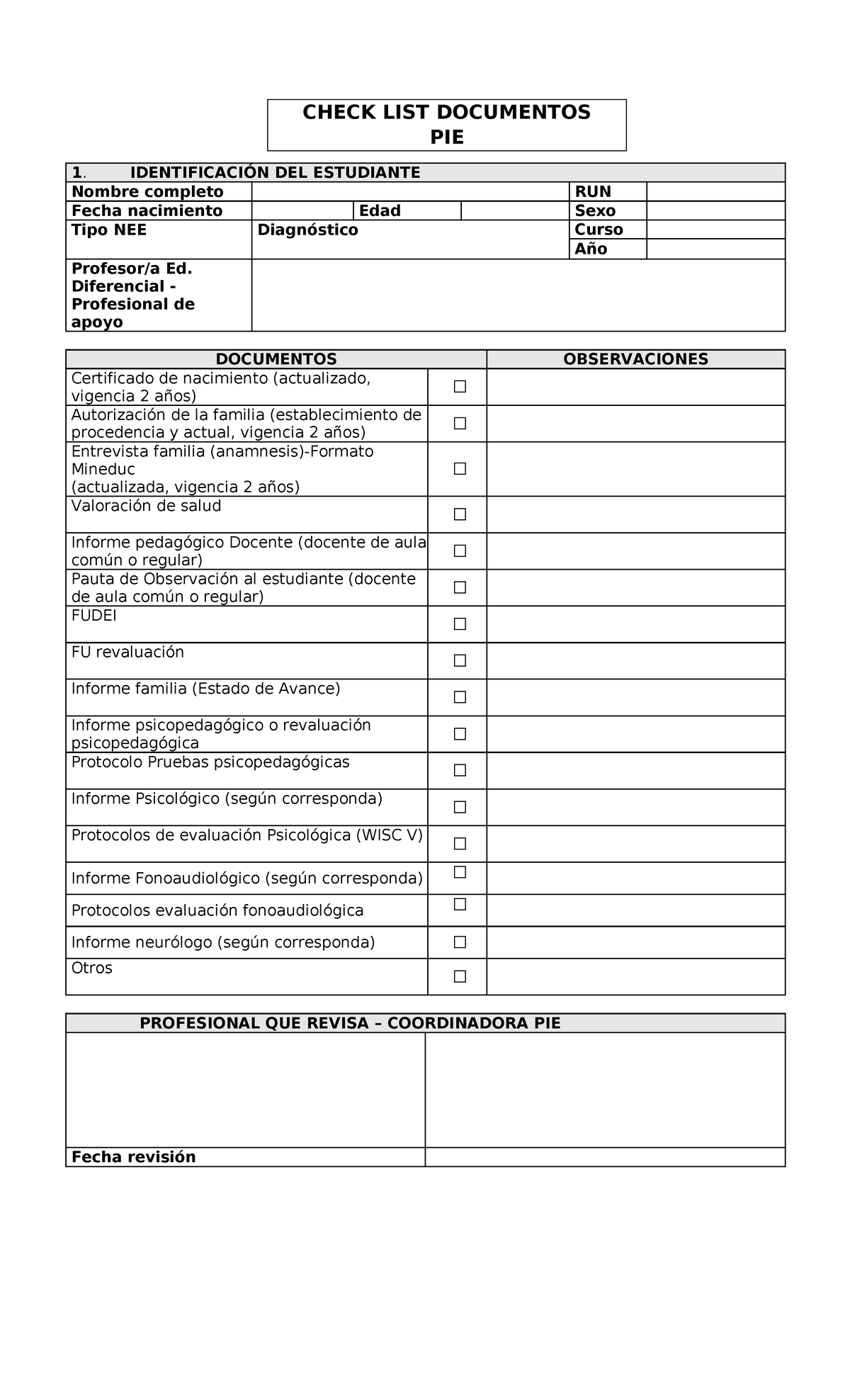 Checklist Documentos PIE Ejemplo DE Documento - CHECK LIST DOCUMENTOS ...