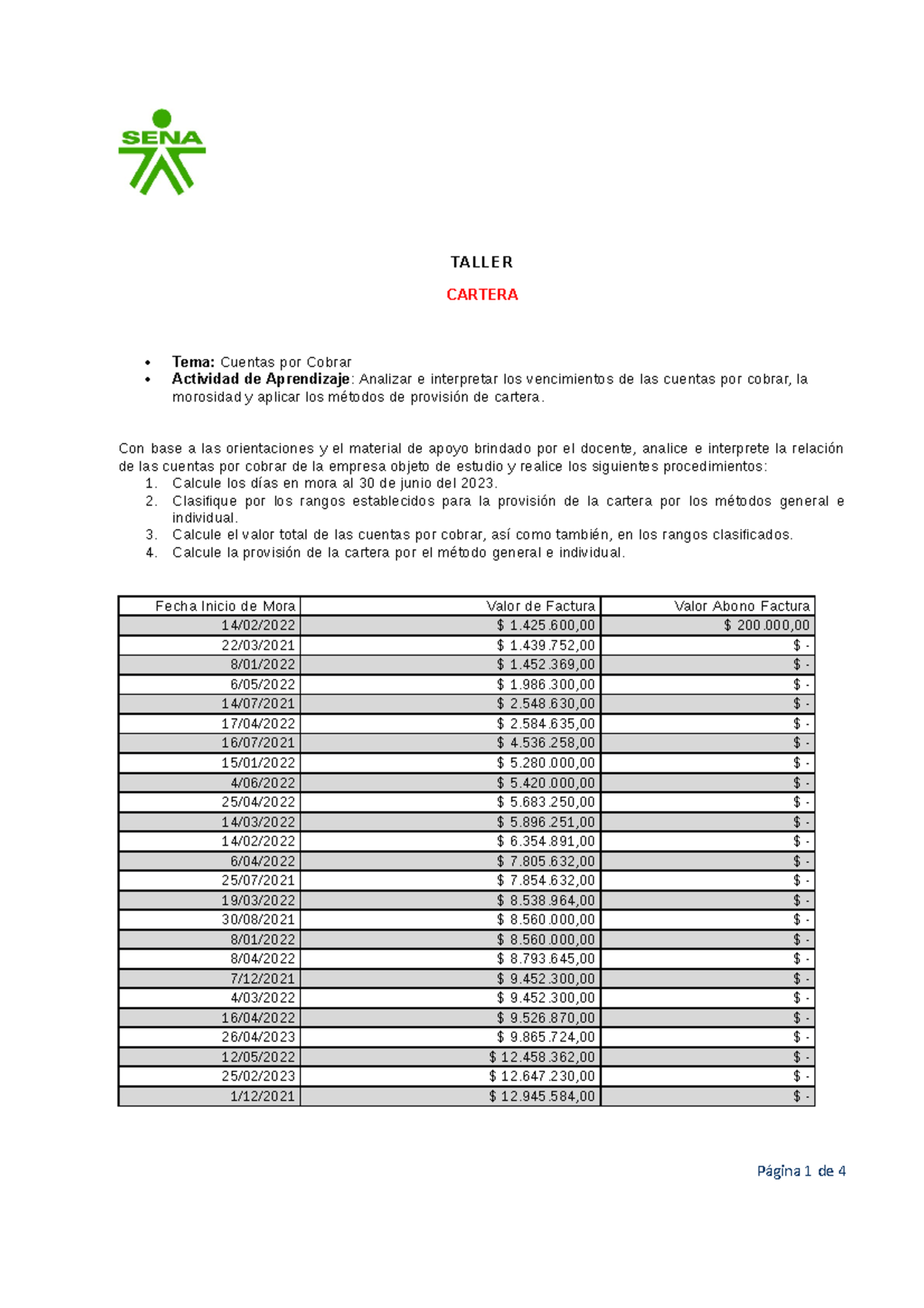Taller de Provision de Cartera - Página 1 de 4 TALLER CARTERA Tema ... Taller de Provision de Cartera - Página 1 de 4 TALLER CARTERA Tema ...