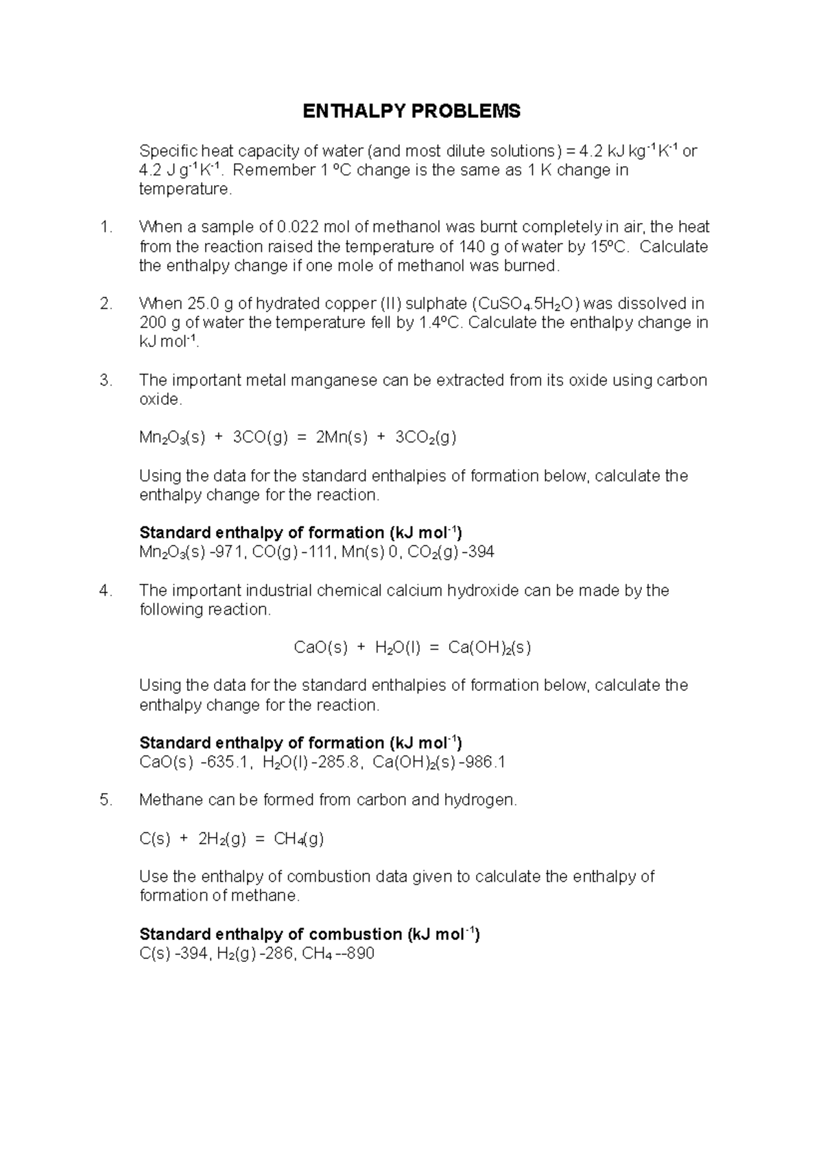 Chemistry Enthalpy Problems Questions - ENTHALPY PROBLEMS Specific heat ...