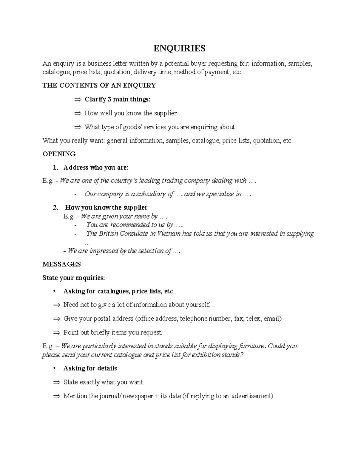 Enquiries (Theory) - good - ENQUIRIES An enquiry is a business letter ...