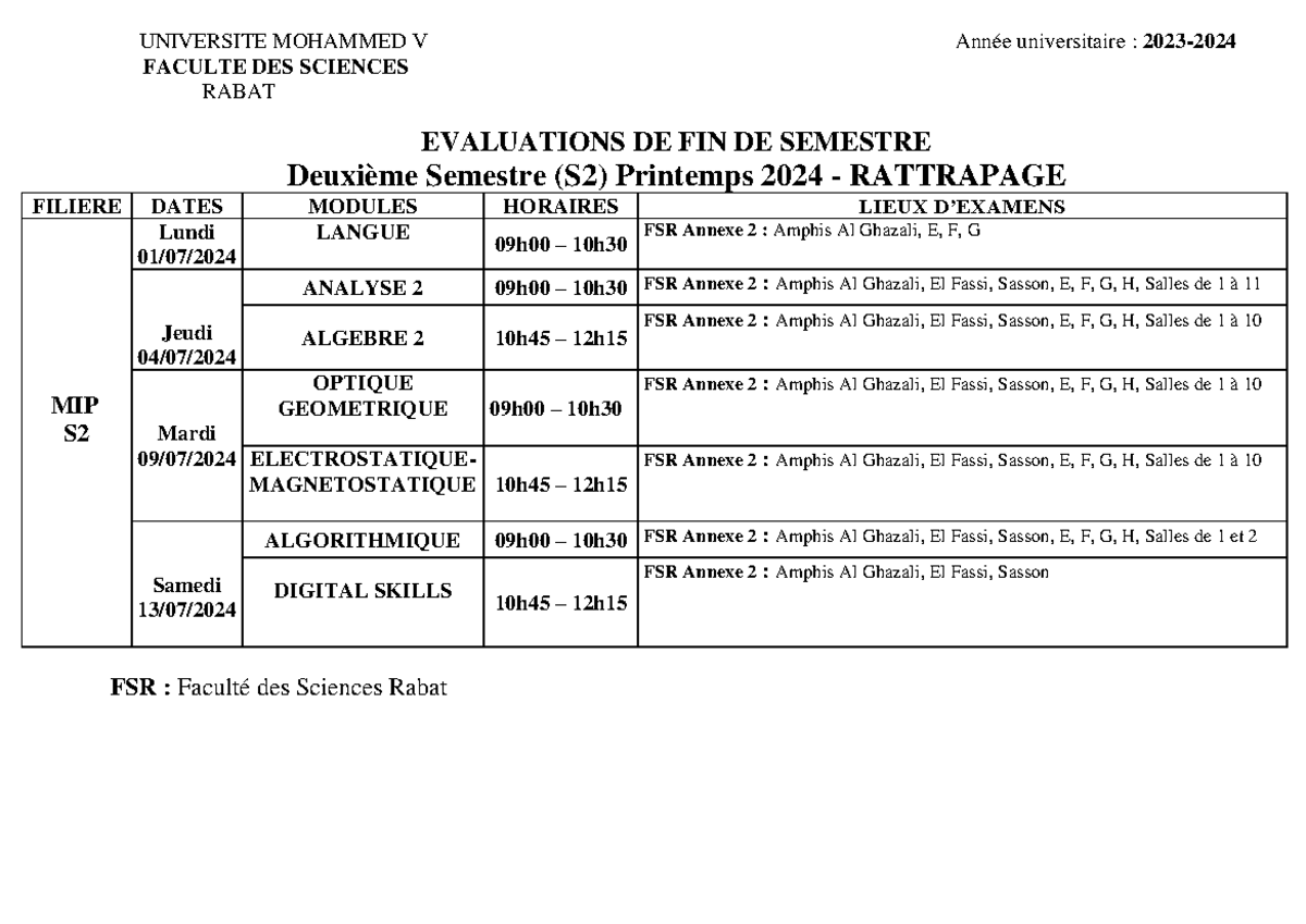 Caleval S 2pr2024-rattr - FACULTE DES SCIENCES RABAT EVALUATIONS DE FIN ...