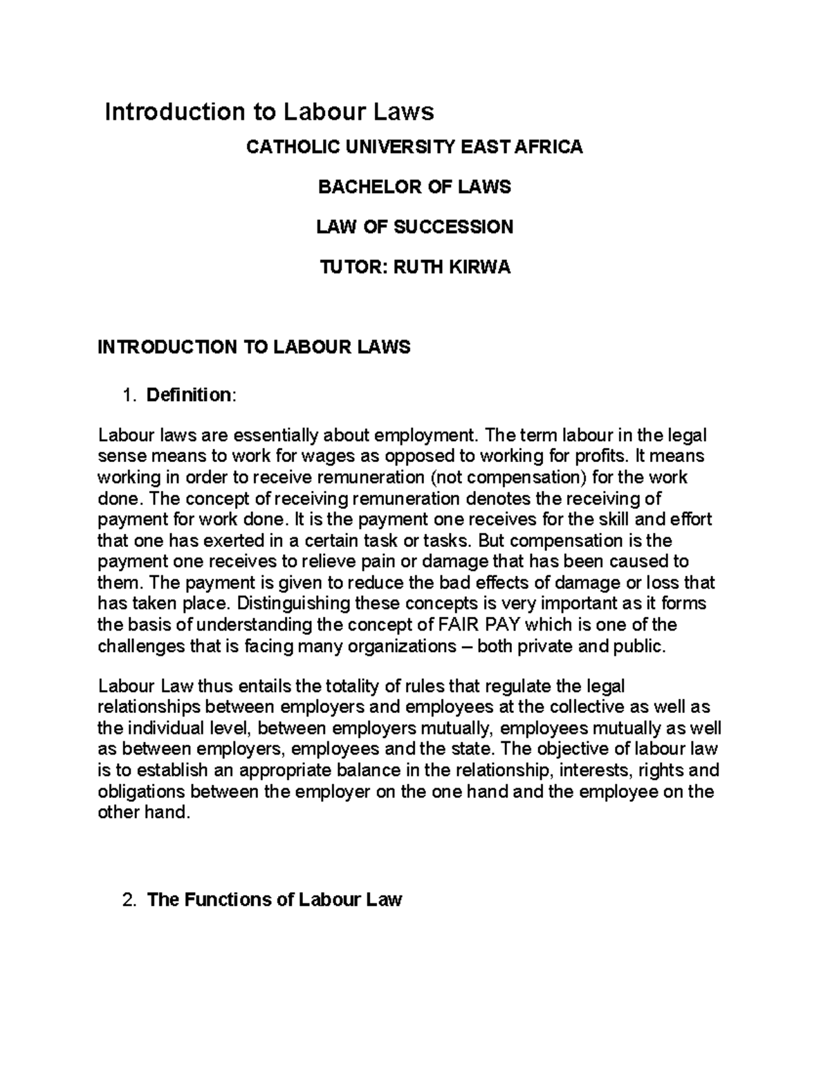 Labour Law Notes-1 - Introduction to Labour Laws CATHOLIC UNIVERSITY ...