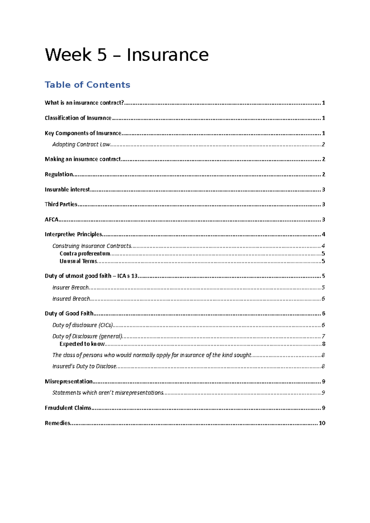 Insurance Law - Lecture notes - Week 5 – Insurance What is an insurance ...