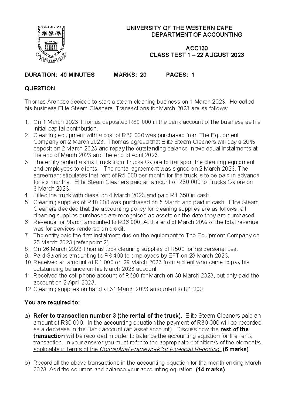 ACC130+Class+test+1+2023 - UNIVERSITY OF THE WESTERN CAPE DEPARTMENT OF ...