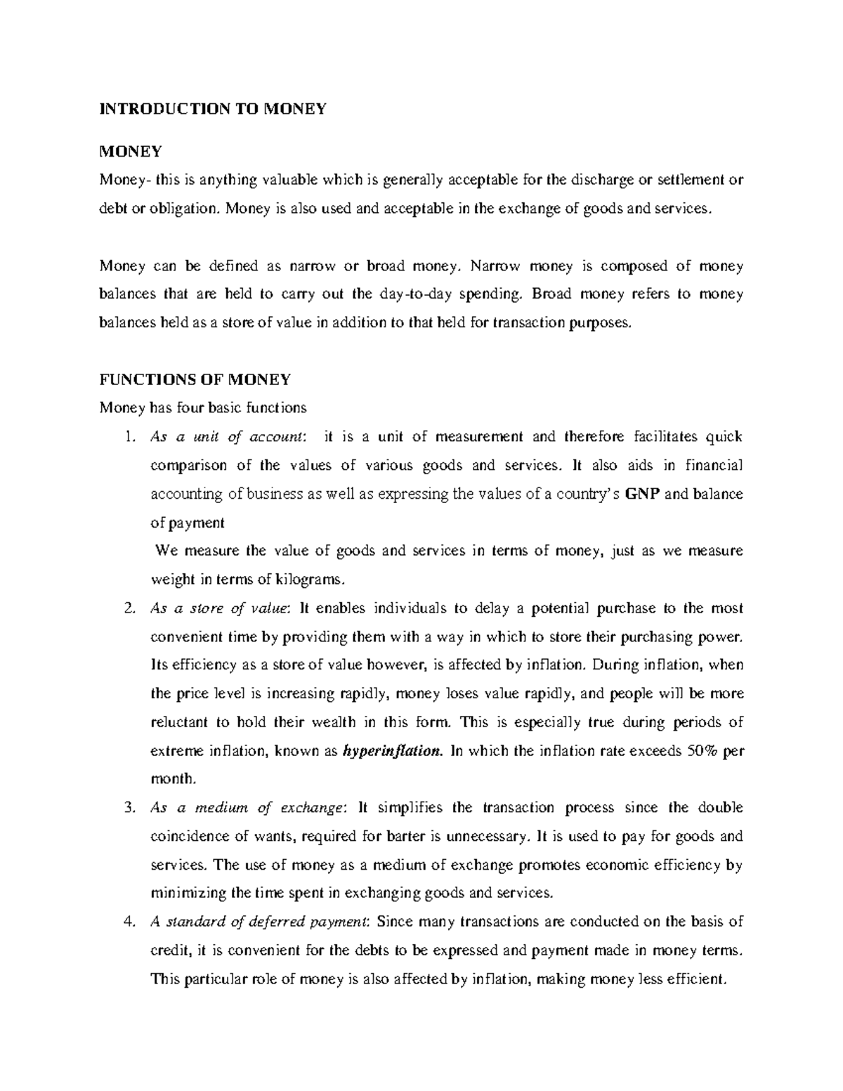 Introduction TO Money - notes - INTRODUCTION TO MONEY MONEY Money- this ...