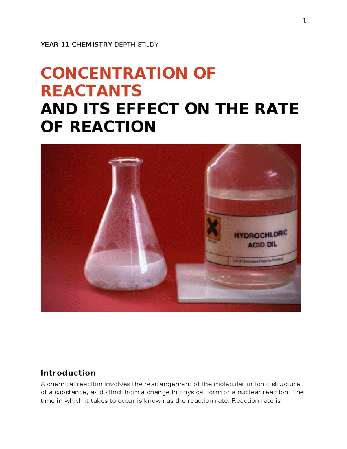 CHEMISTRY DEPTH STUDY CONCENTRATION VS REACTION RATE - YEAR 11 ...