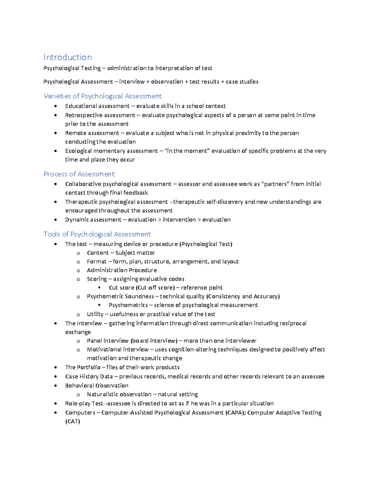 Psych Assessment Summary - Introduction Psychological Testing ...