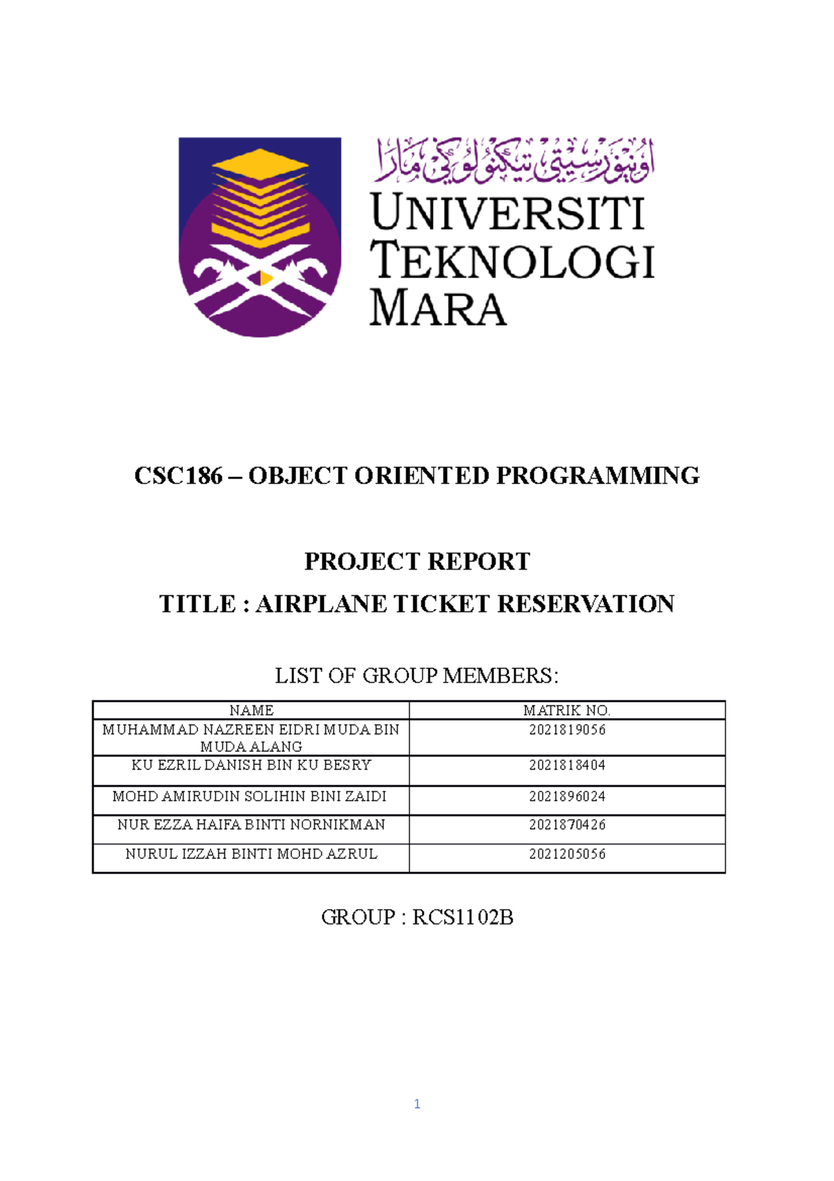 Csc 186 Project Report Csc186 Object Oriented Programming Project Report Title Airplane