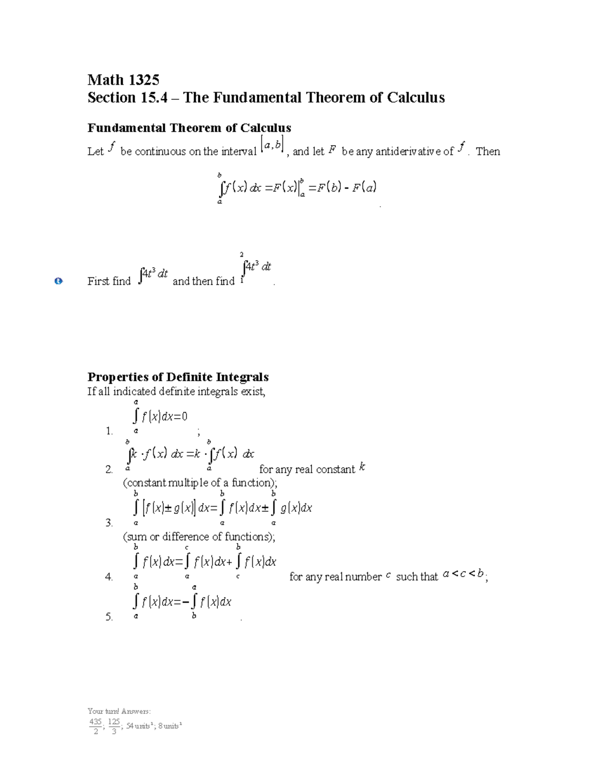 Section 15.4 - The Fundamental Theorem of Calculus - Math 1325 Section ...