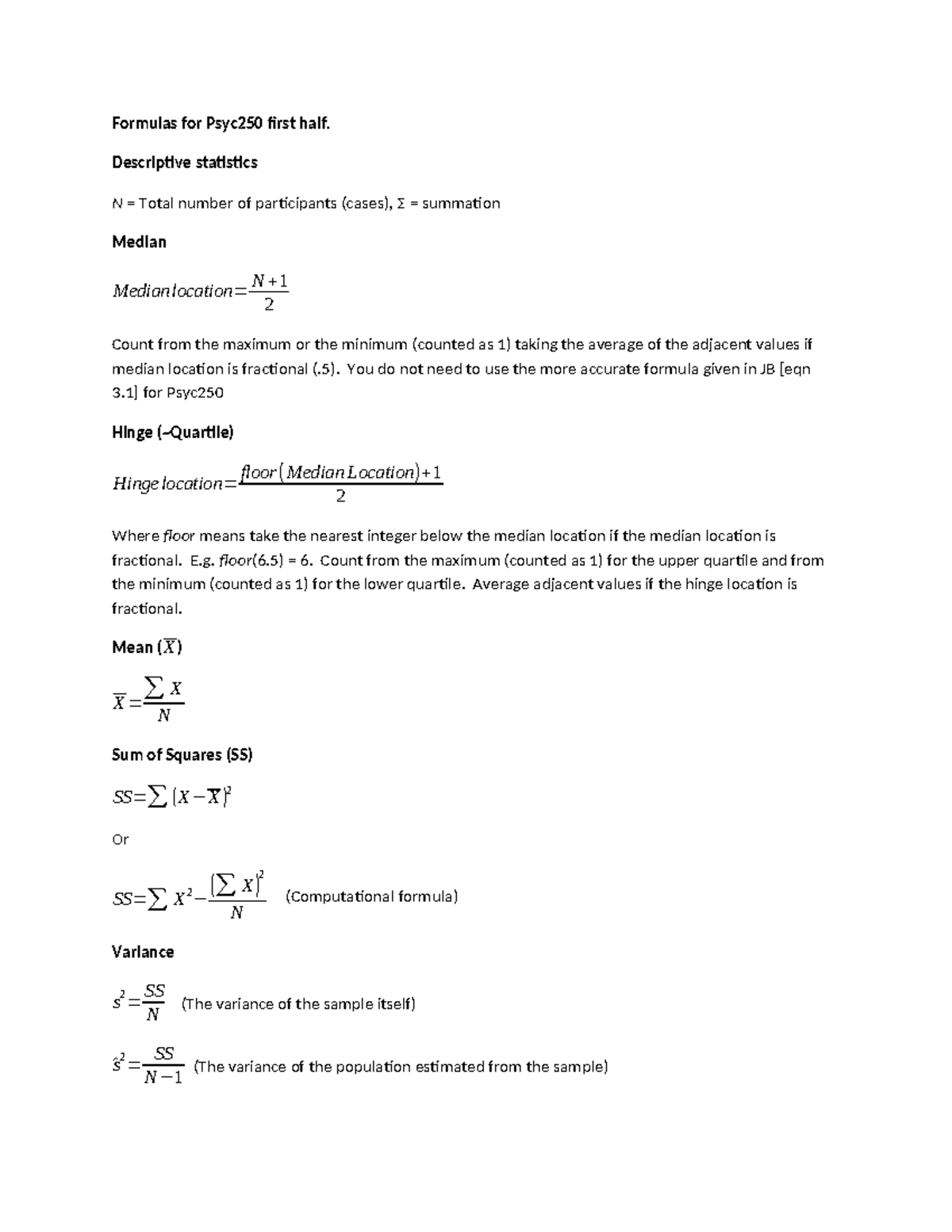 Psyc250formula Sheet - Formulas for Psyc250 first half. Descriptive ...