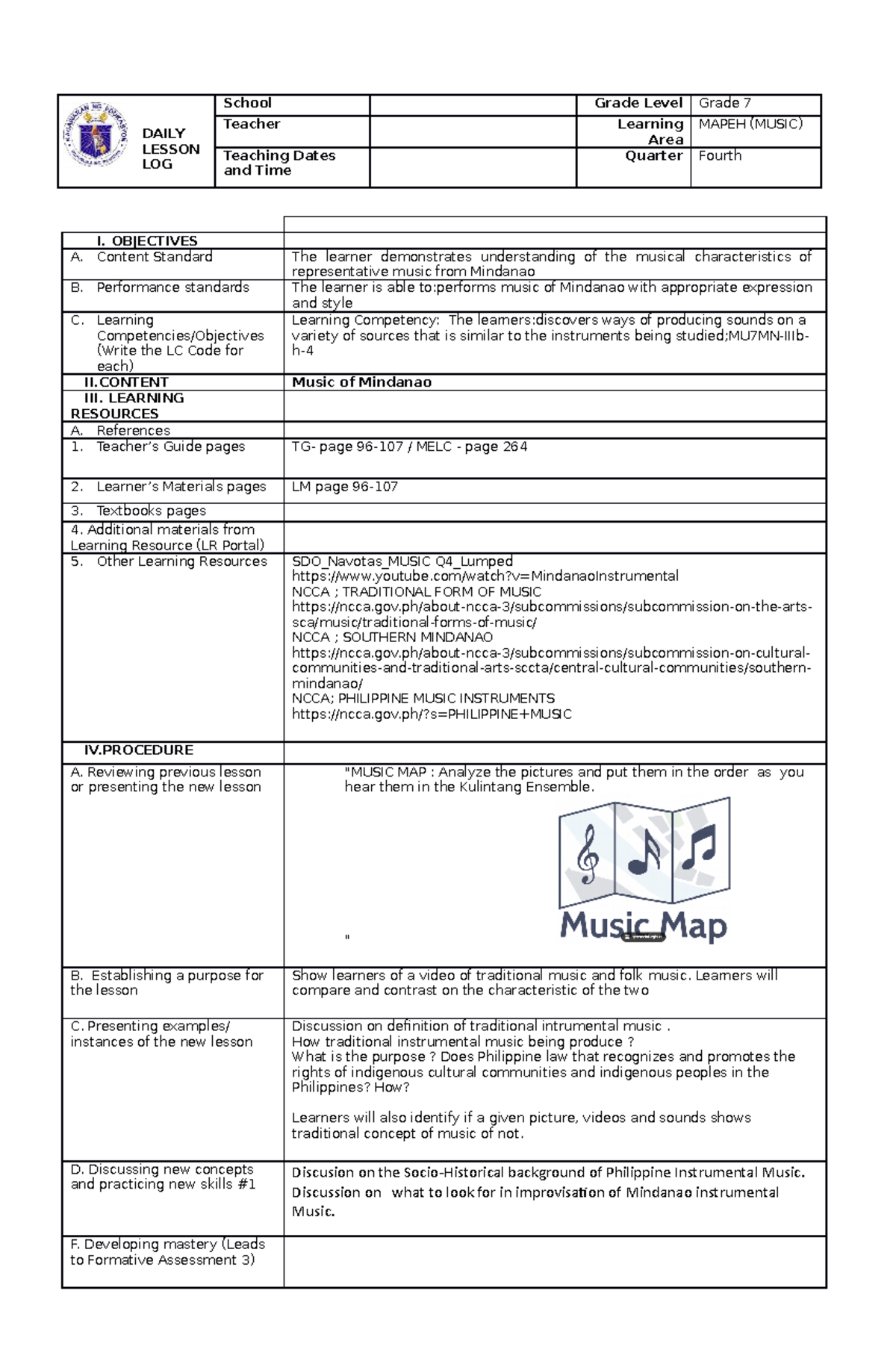 Music Lesson PLAN - DAILY LESSON LOG School Grade Level Grade 7 Teacher ...