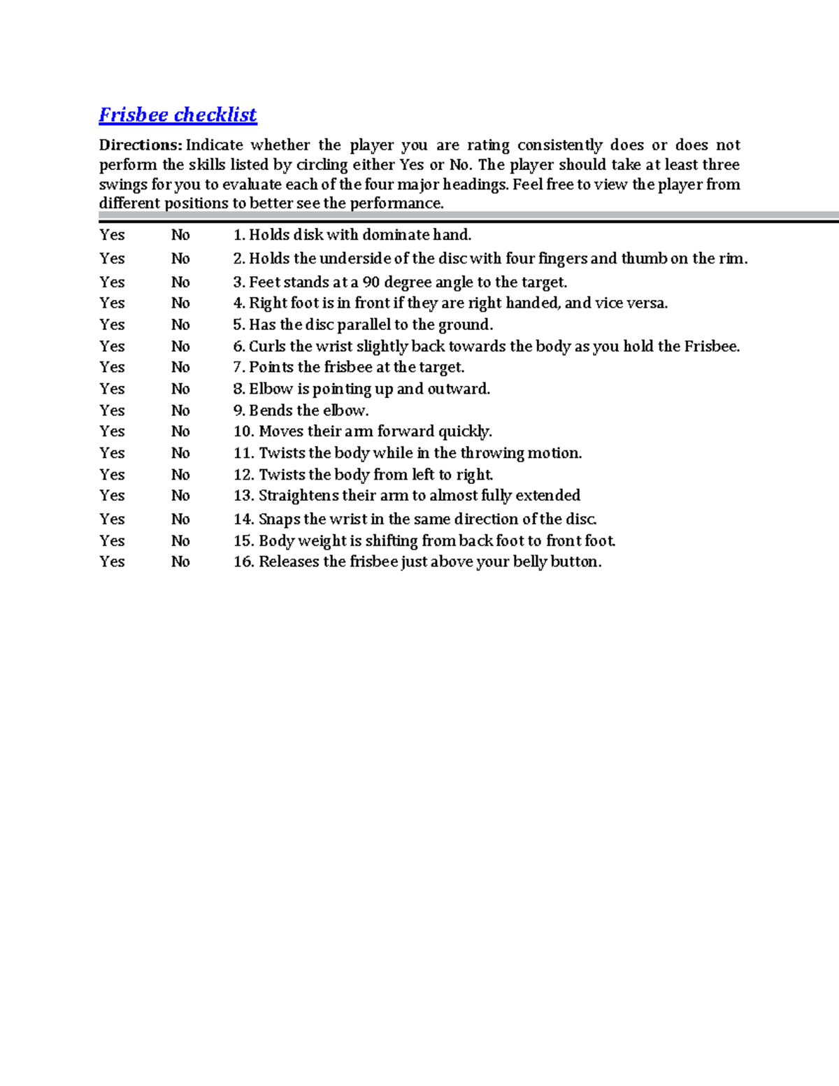 Chapter 5 Frisbee Checklist KINE 4350 - Frisbee checklist Directions ...