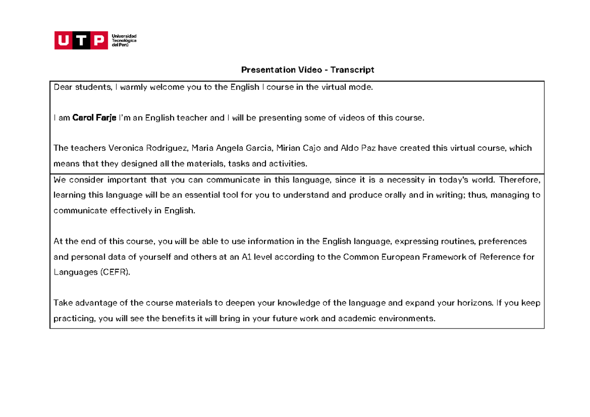 Video de Presentación - English I - CGT - Presentation Video ...
