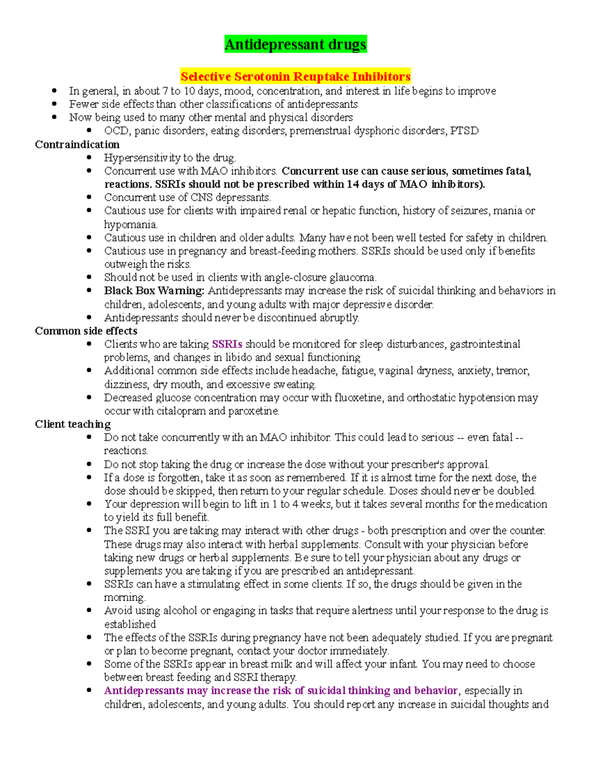 EDGT Pharmacology notes - Antidepressant drugs Selective Serotonin ...
