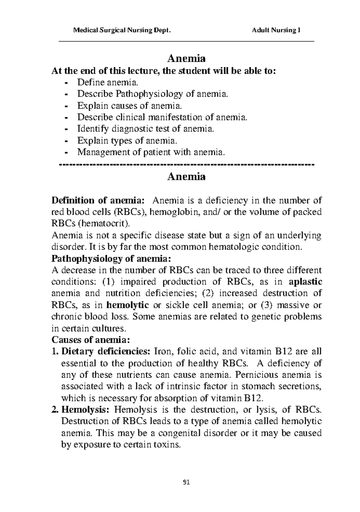 Anemia - Adult Nursing - Anemia At the end of this lecture, the student ...