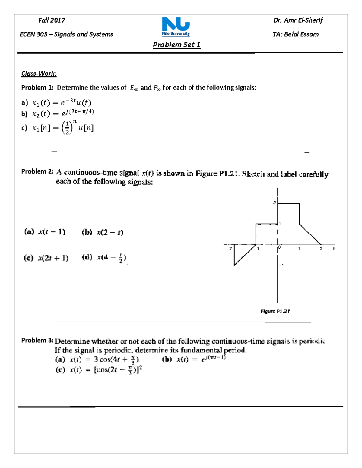 Problem set 1 - Assignments - Fall 2017 Dr. Amr El-Sherif ECEN 305 ...