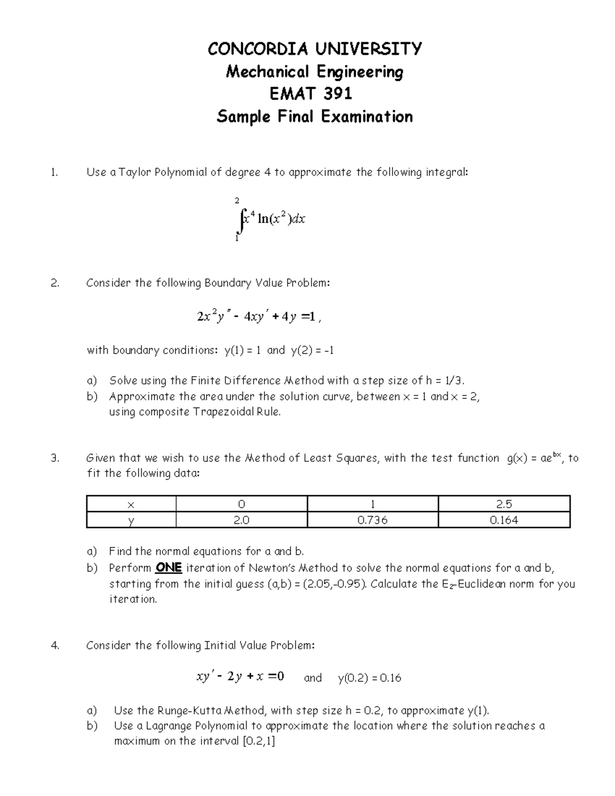 Sample-Final Exam engr 391 - CONCORDIA UNIVERSITY Mechanical Engineering EMAT 391 Sample Final ...