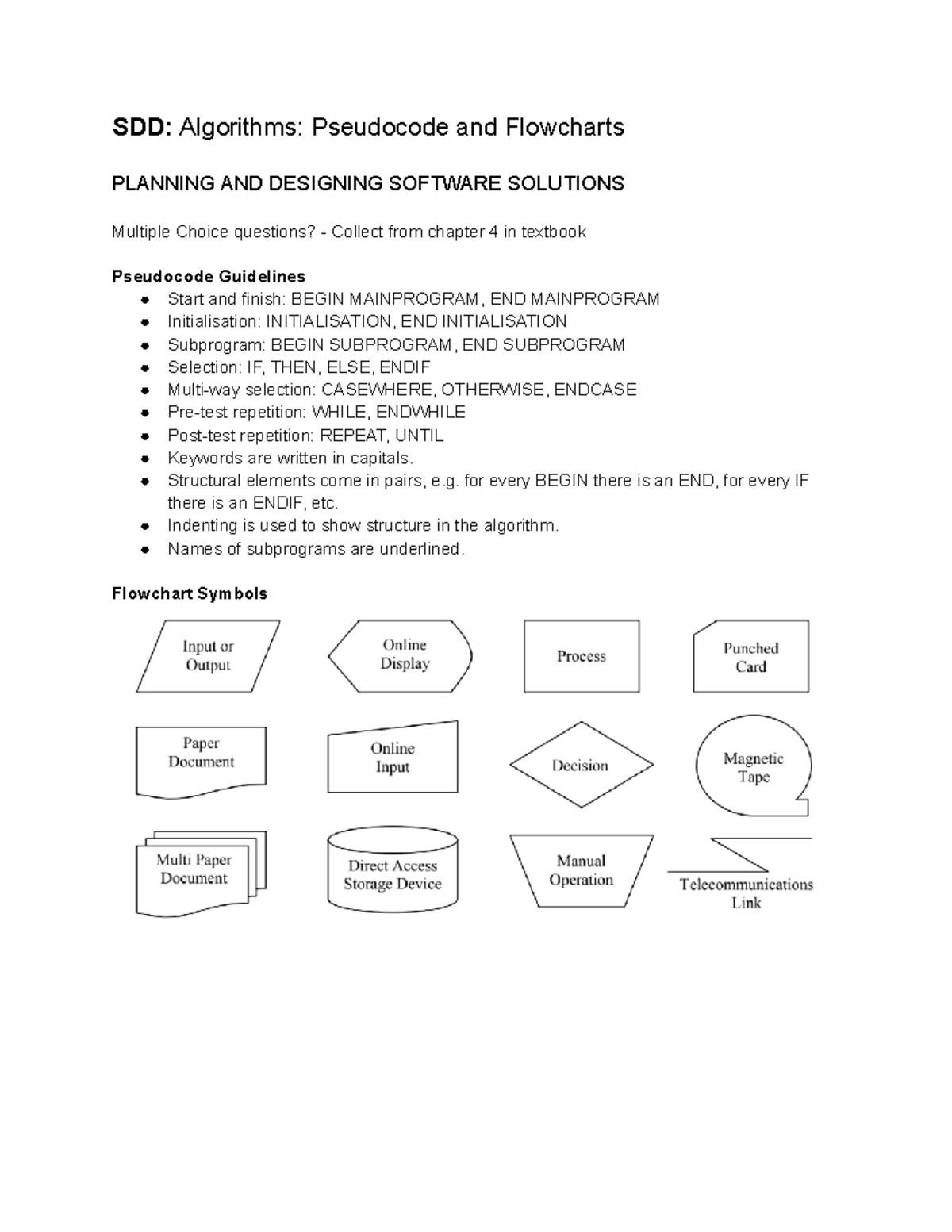SDD Practice Notes - 1 - SDD: Algorithms: Pseudocode and Flowcharts ...