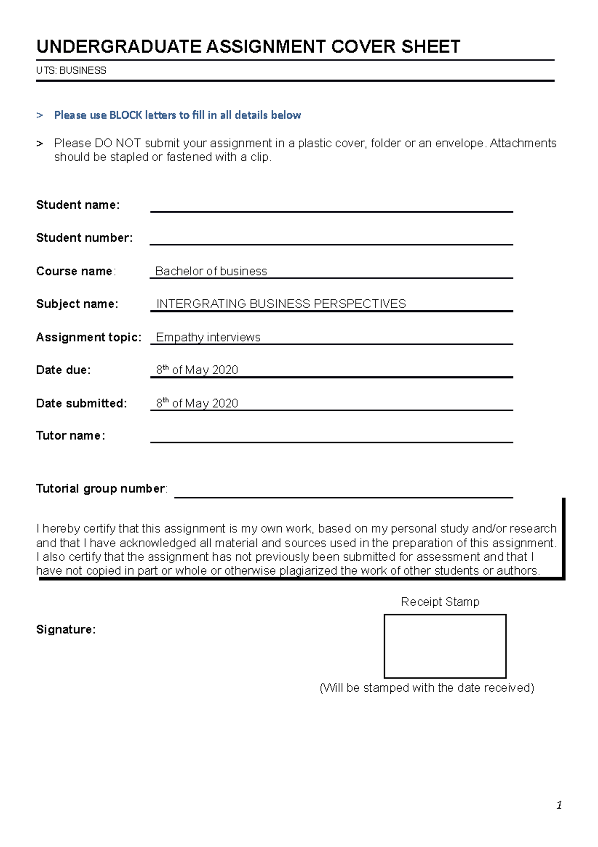 IBP A1 T2 - EMPATHY INTERVIEW - UNDERGRADUATE ASSIGNMENT COVER SHEET ...