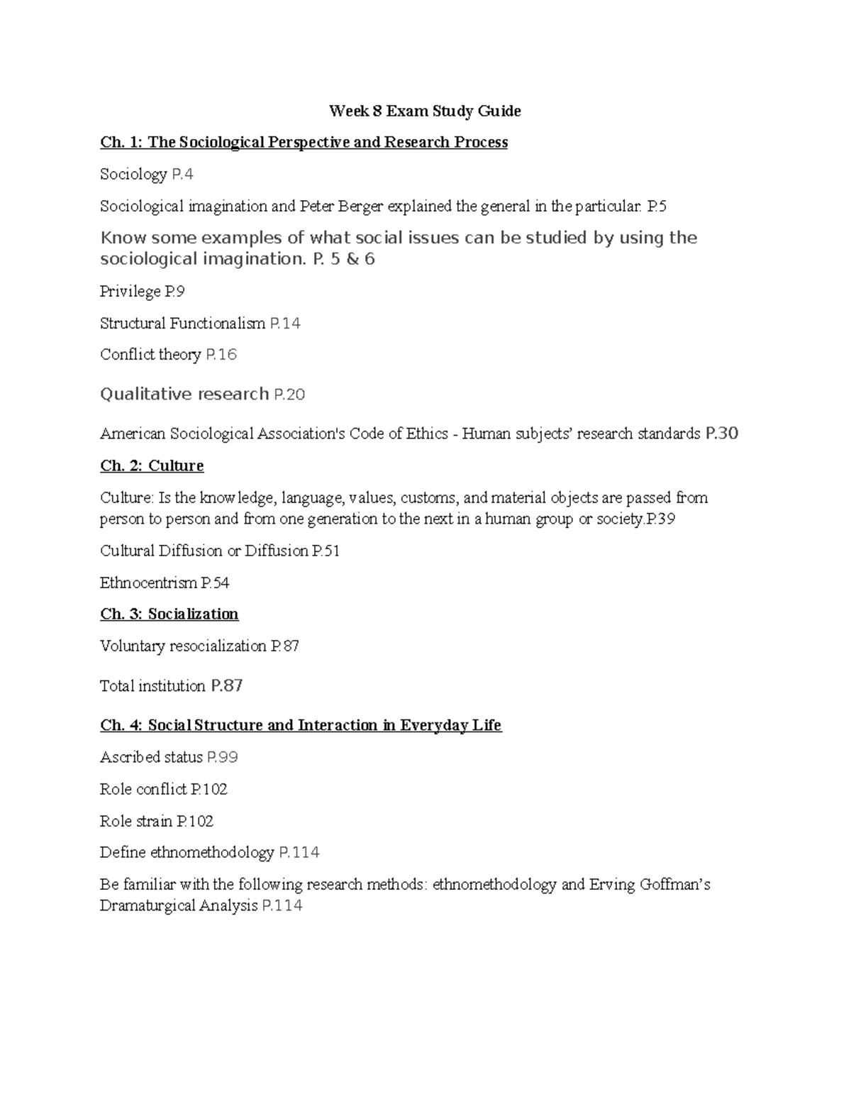 SOCS185N Culture and Society Week 8 Exam Study Guide - Week 8 Exam ...