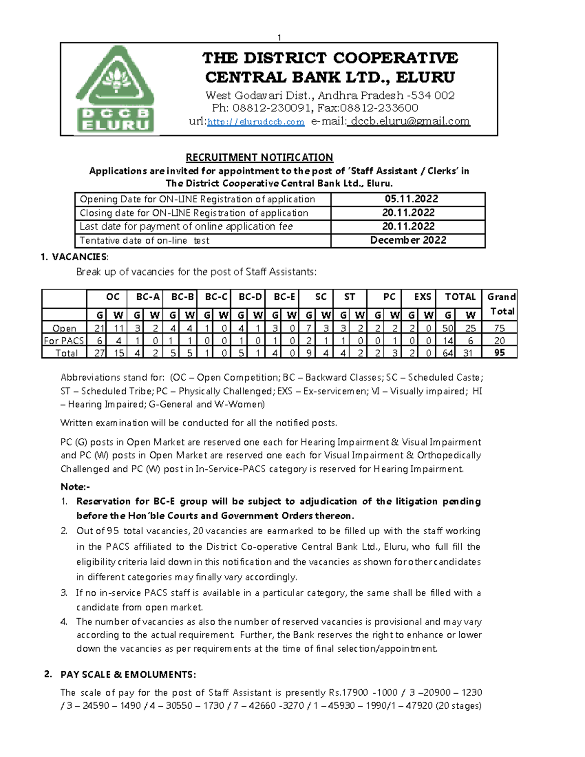 DCCB Staff Assistant Clerks Recruitment 2022 Notification DCCB Eluru ...