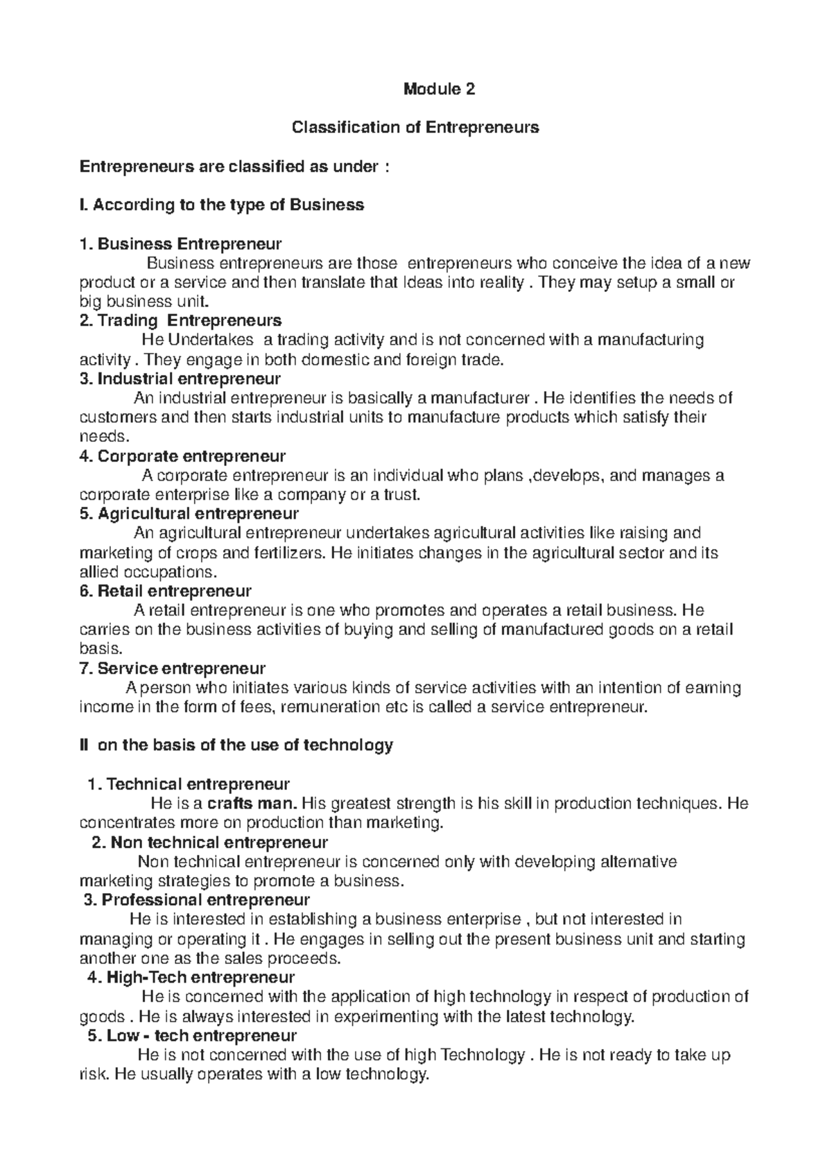 EDP Module 2 - Notes - Module 2 Classification of Entrepreneurs ...