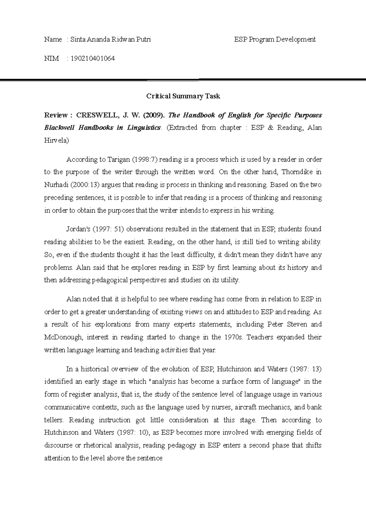 Critical Summary - The Handbook of English for Specific Purposes - Name ...