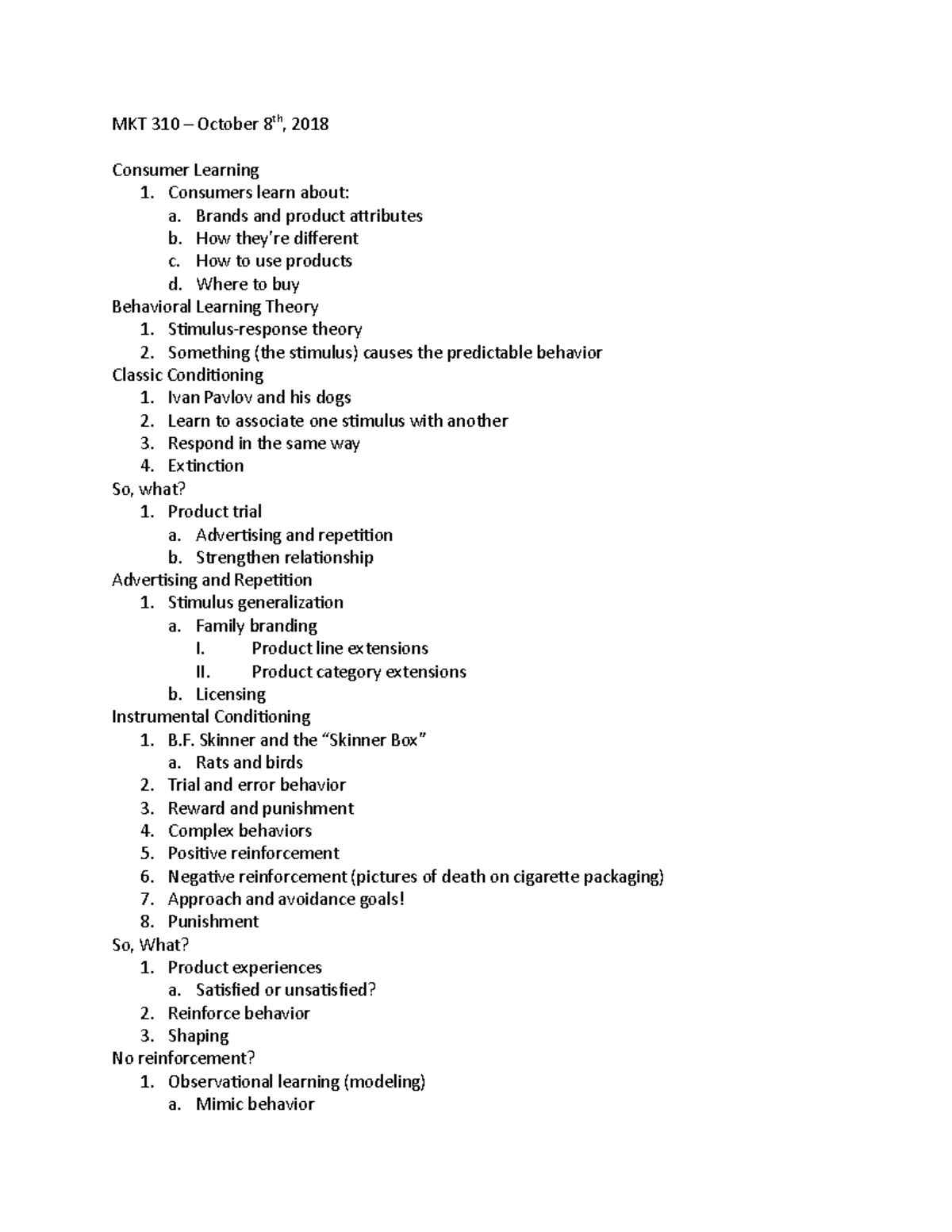 MKT 310 Notes 10:8:2018 - MKT 310 – October 8th, 2018 Consumer Learning ...