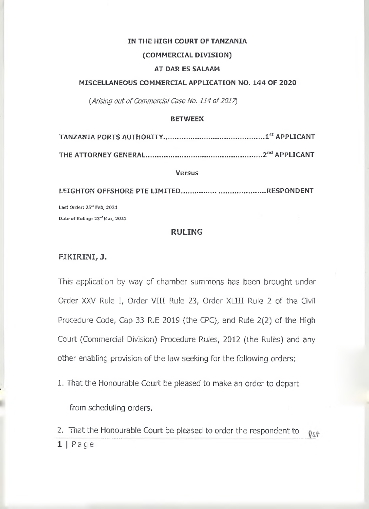 Tanzania Ports Authority and Another vs Leighton offshore Pte Limited ...
