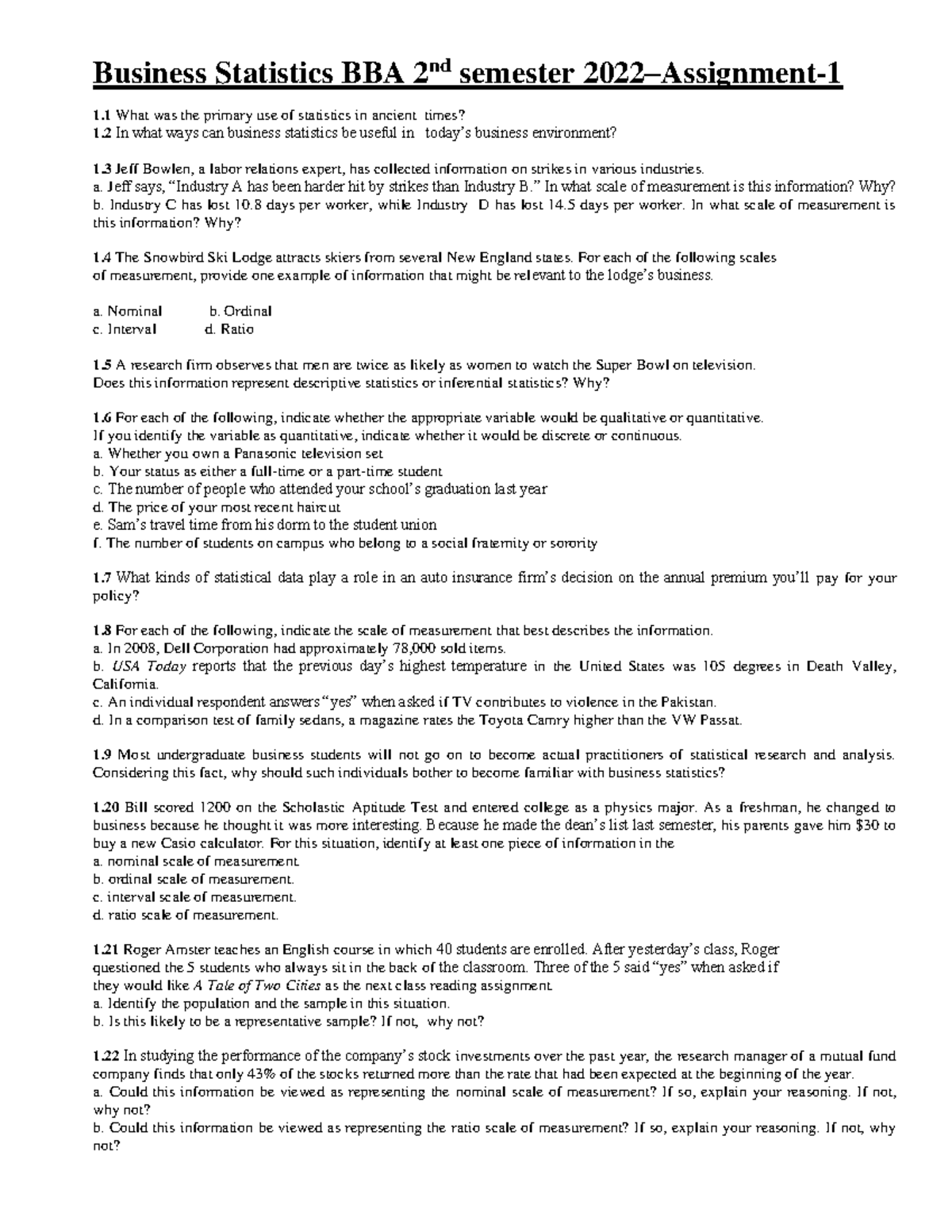 Assignment-1 - Assignment questions for Statistics - Business ...