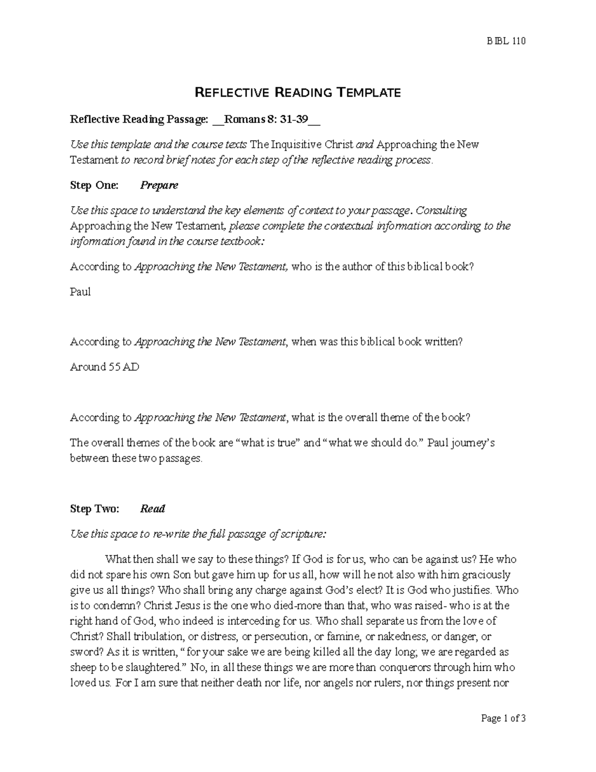 Reflective Reading Template for a bible assignment from halfway through ...