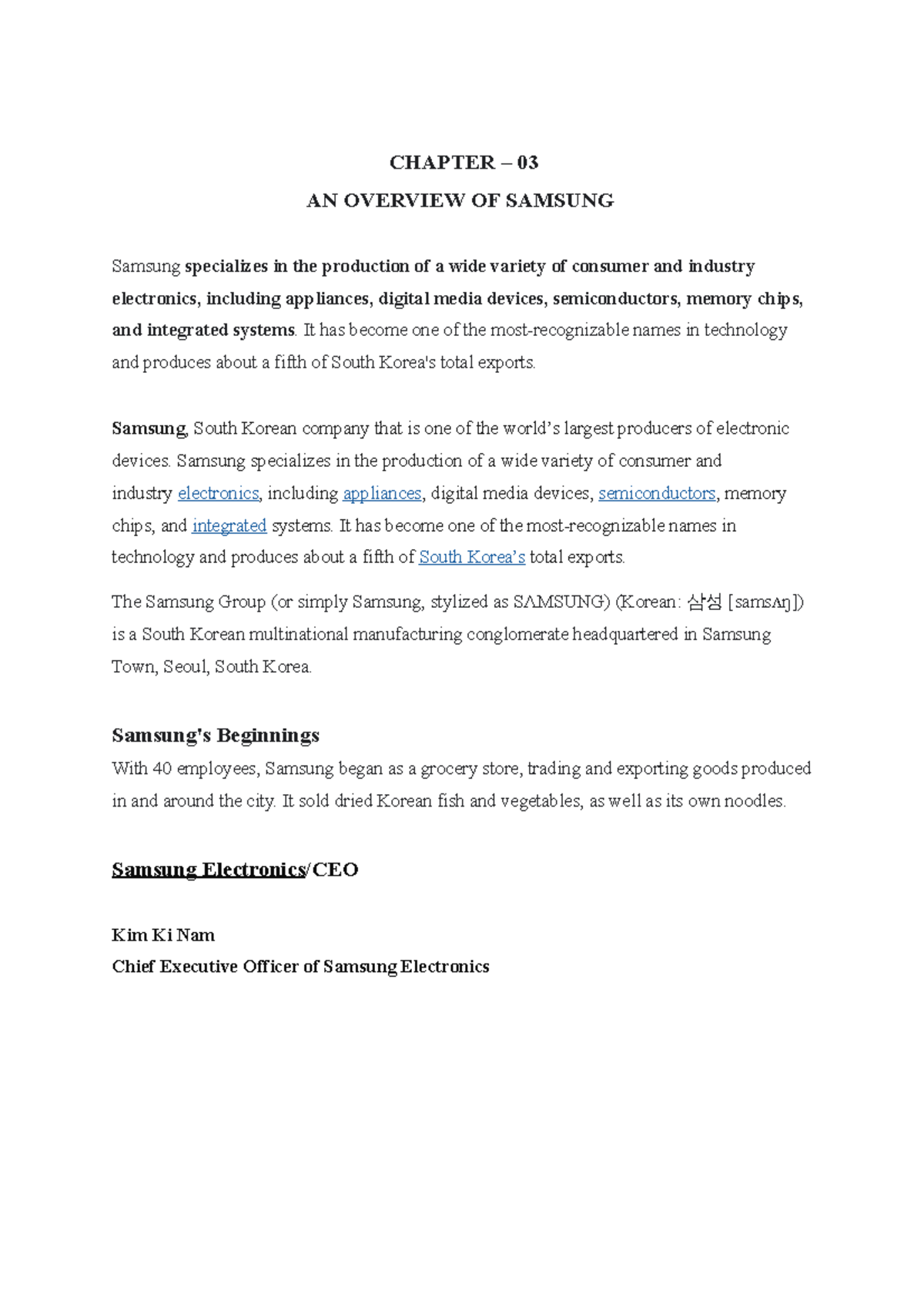 Project Chapter 3 - CHAPTER – 03 AN OVERVIEW OF SAMSUNG Samsung ...