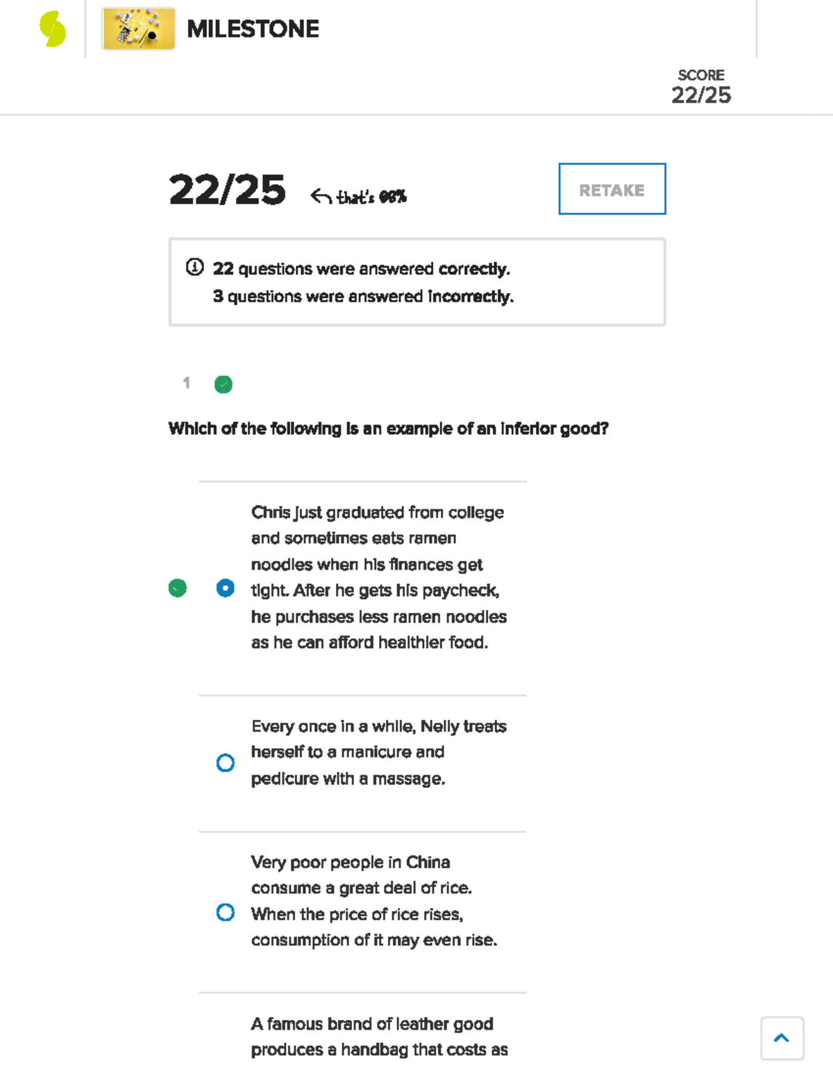Final Milestone Microeconomics - MILESTONE SCORE RETAKE i 22 questions ...