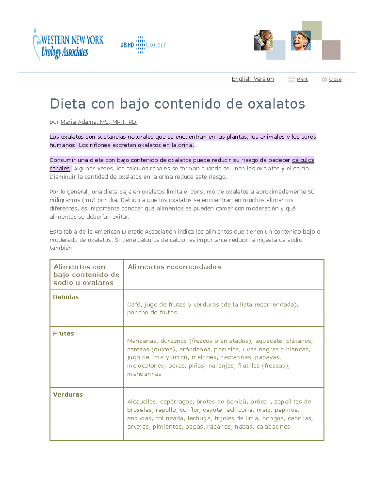 Dieta con bajo contenido de oxalatos - Western New York Urology ...