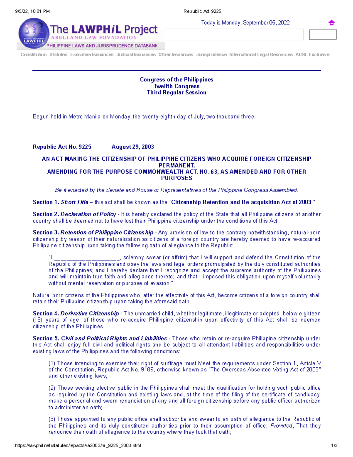 Republic Act No. 9225 - 9/5/22, 10:01 PM Republic Act 9225 - Studocu