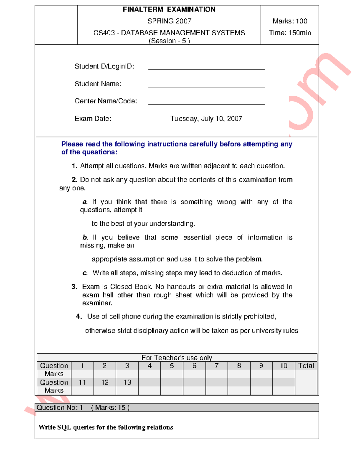 Cs403 final term 6 www - ssssssssssss - vu786 FINALTERM EXAMINATION SPRING 2007 CS403 - DATABASE ...