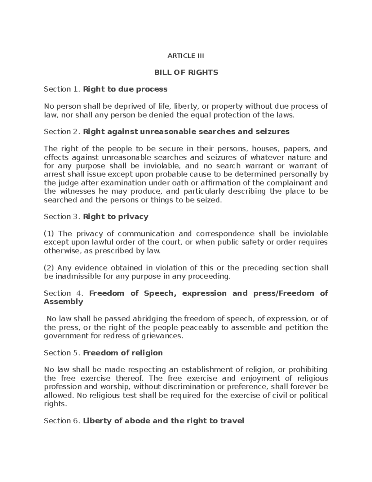 Article III - Lecture Notes - ARTICLE III BILL OF RIGHTS Section 1 ...