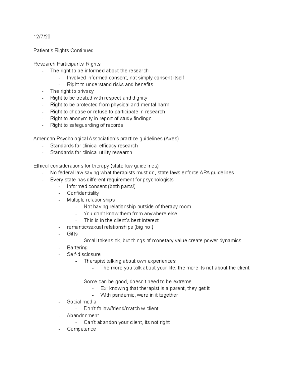 Lecture 24 Patients Rights and Psych Degrees (12 7) - 12/7/ Patient’s ...
