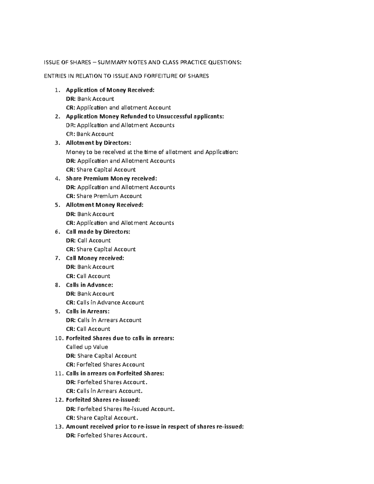 Notes - General Notes ON Company - Issue OF Shares Summary AND Class ...