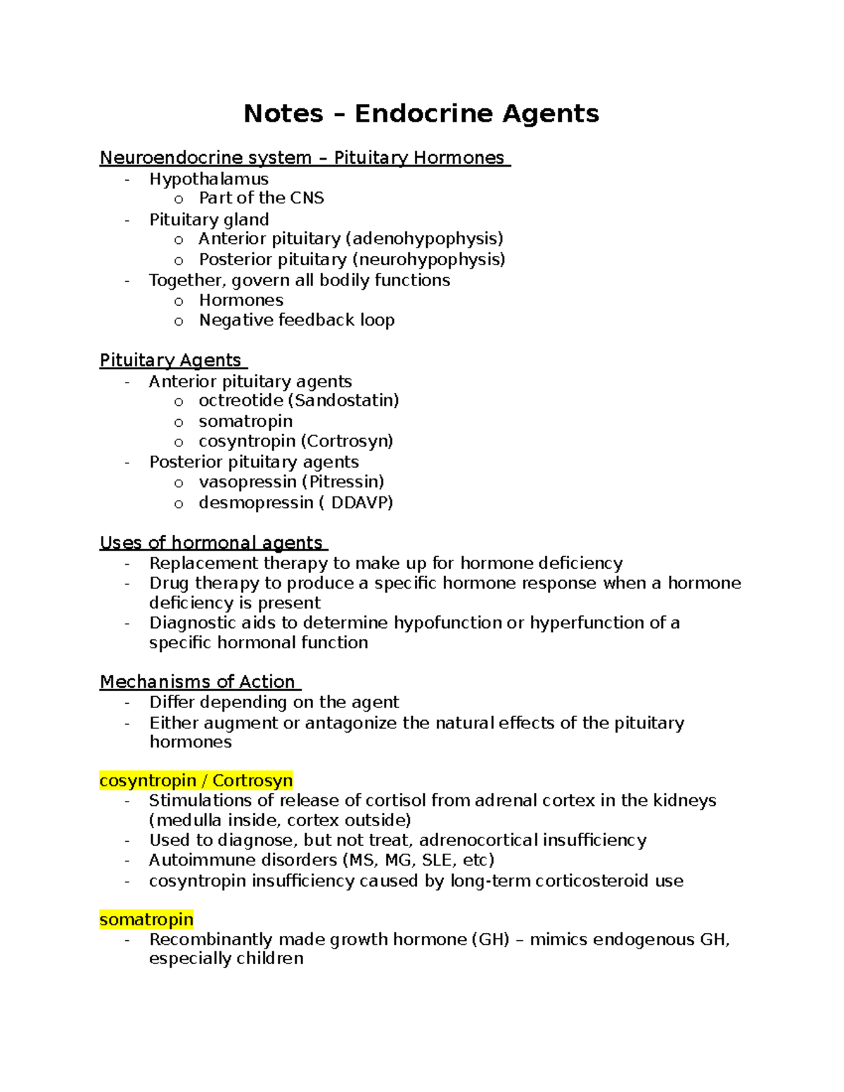 Notes - T3 . Endocrine Agents - Notes – Endocrine Agents Neuroendocrine ...