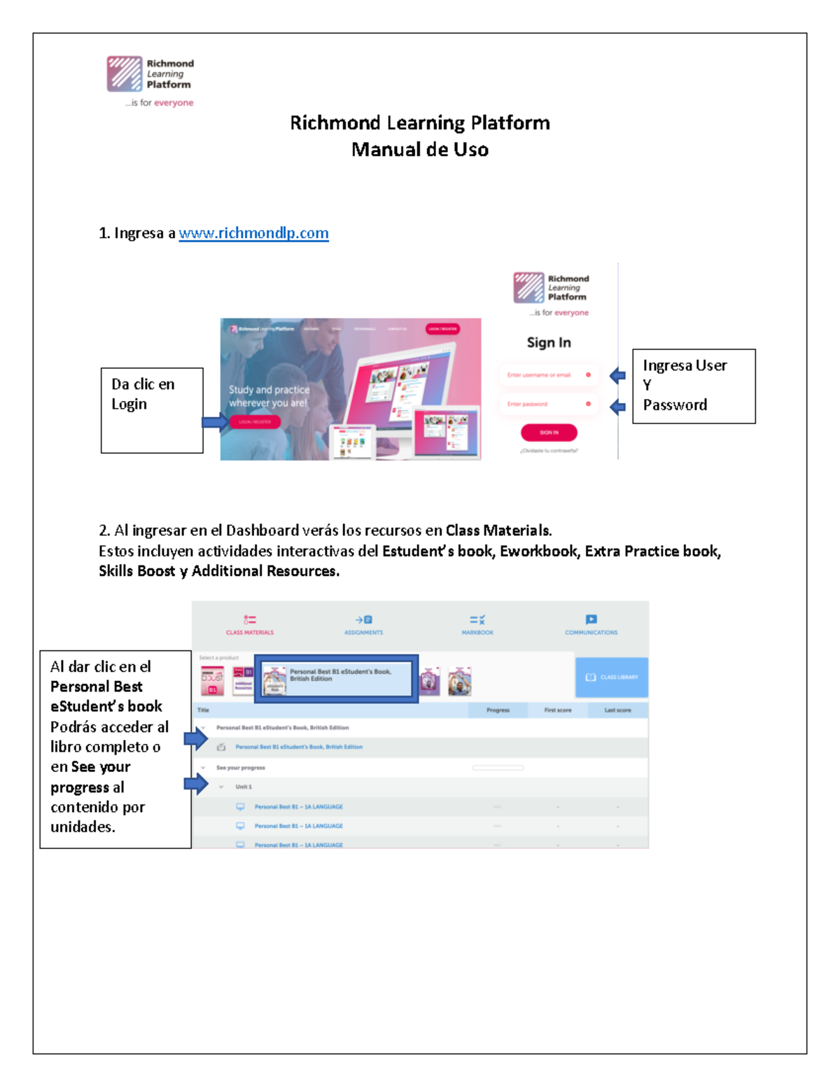 Richmond Learning Platform Manual - Estos incluyen actividades interactivas del Estudent’s book ...