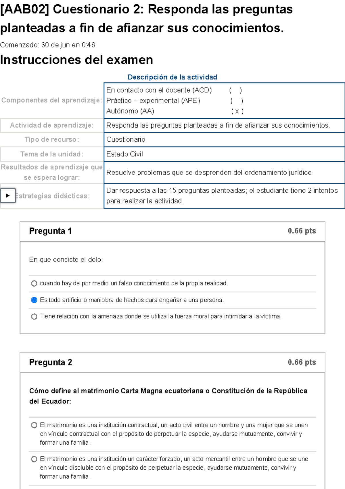 Civil Cuestionario 2 Estado civil 02072023 - [AAB02] Cuestionario 2: Responda las preguntas ...