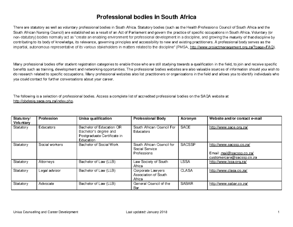 Career professionalbodies unisa - There are statutory as well as ...