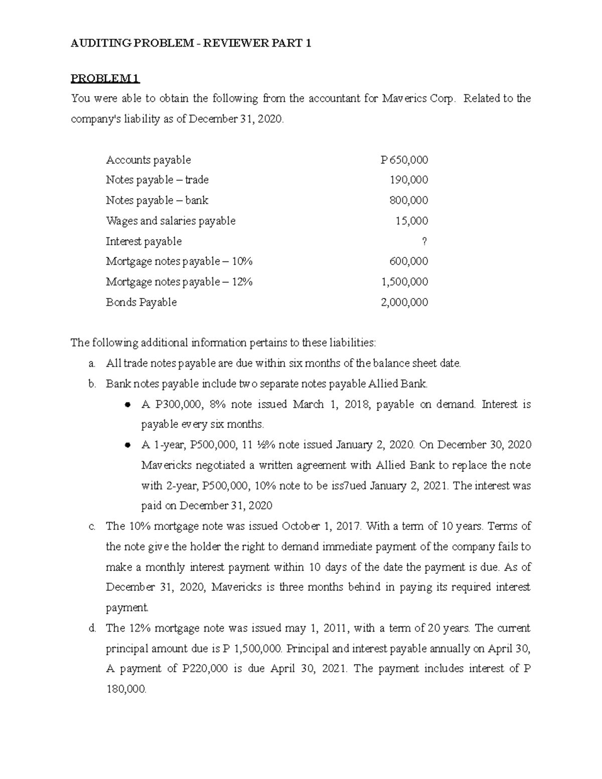 Auditing Problem - Reviewer Part 1 - PROBLEM 1 You were able to obtain ...