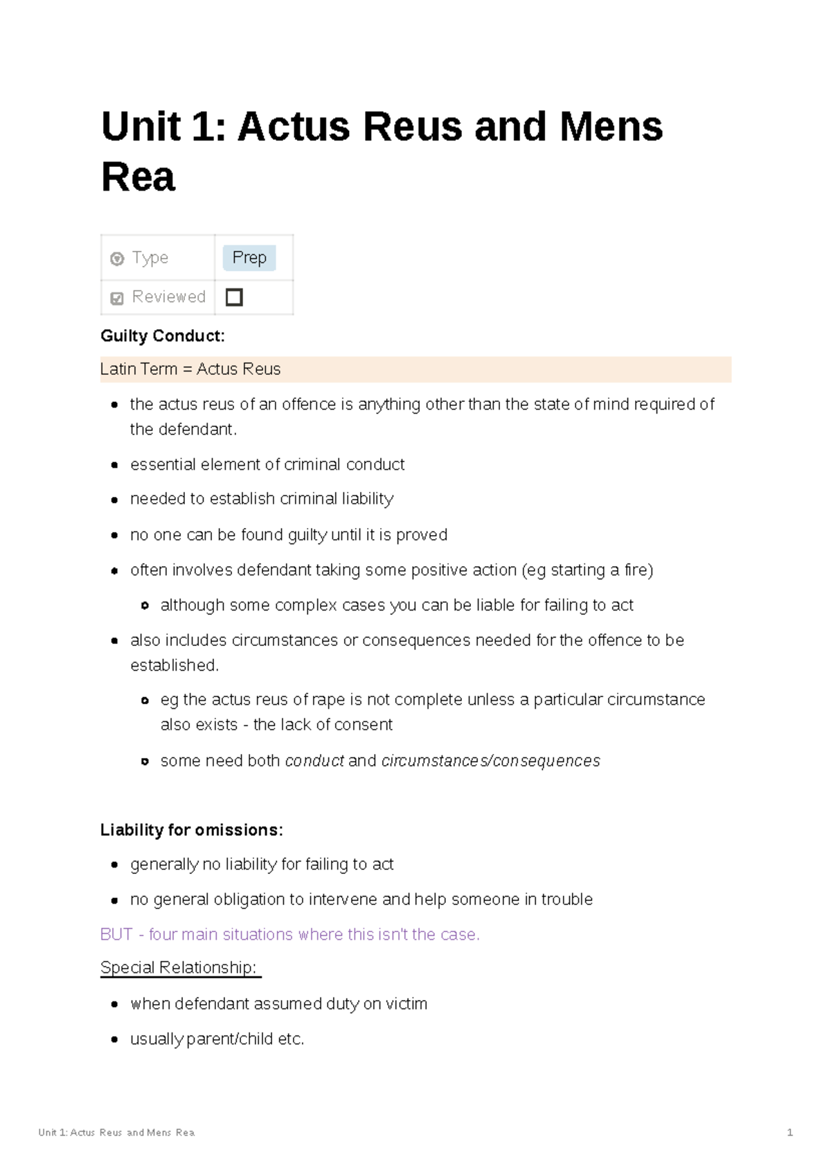 Unit 1 - notes on reading - Unit 1: Actus Reus and Mens Rea 1 Unit 1 ...