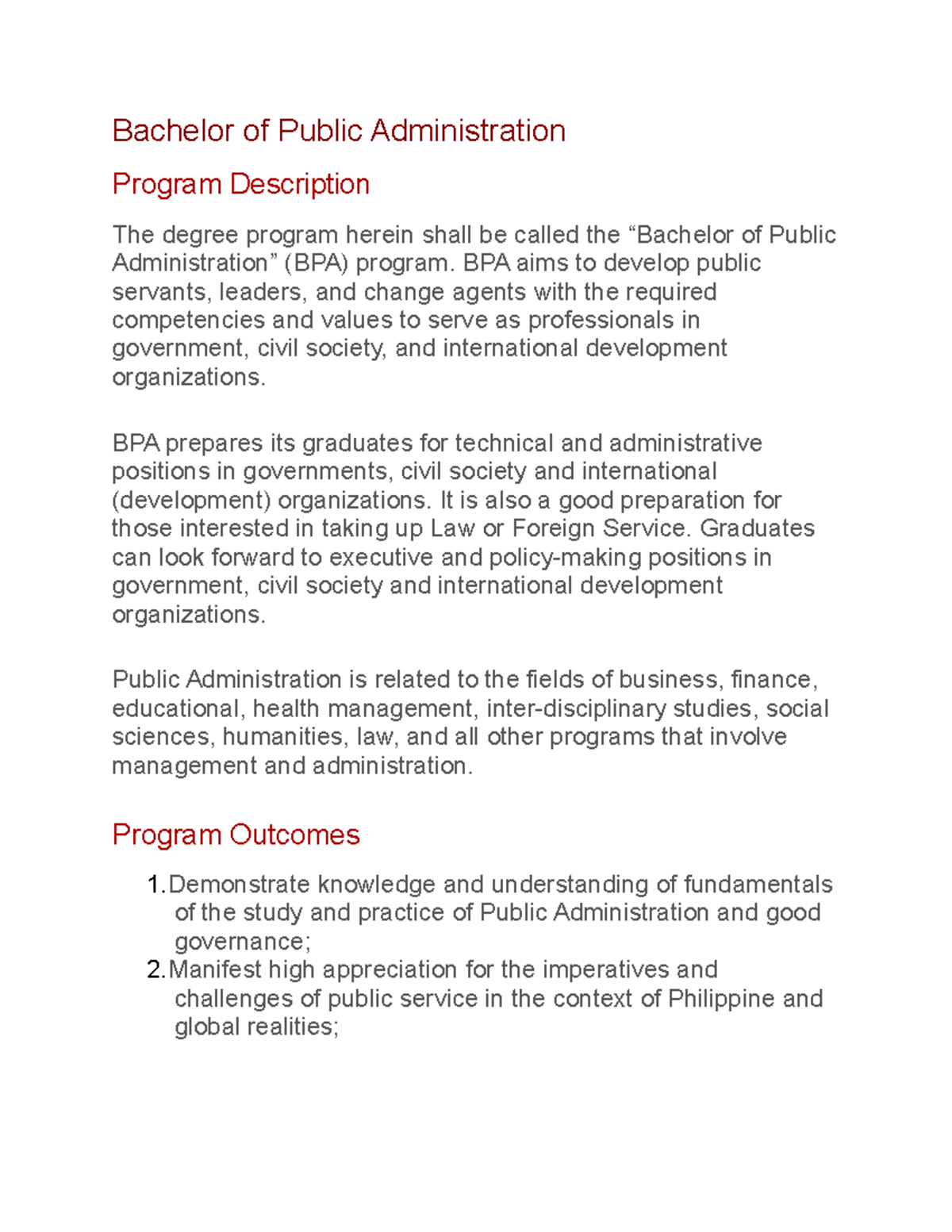 Bpa - Bachelor of Public Administration Program Description The degree ...