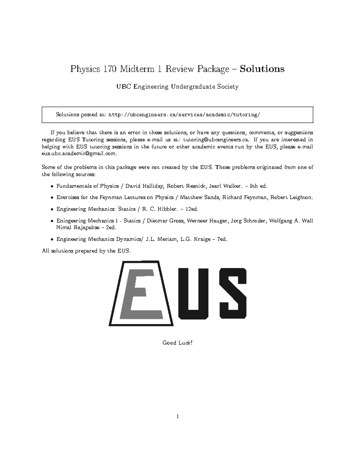 PHYS 170 Midterm Review Solutions 24-25 - Physics 170 Midterm 1 Review Package – Solutions UBC ...