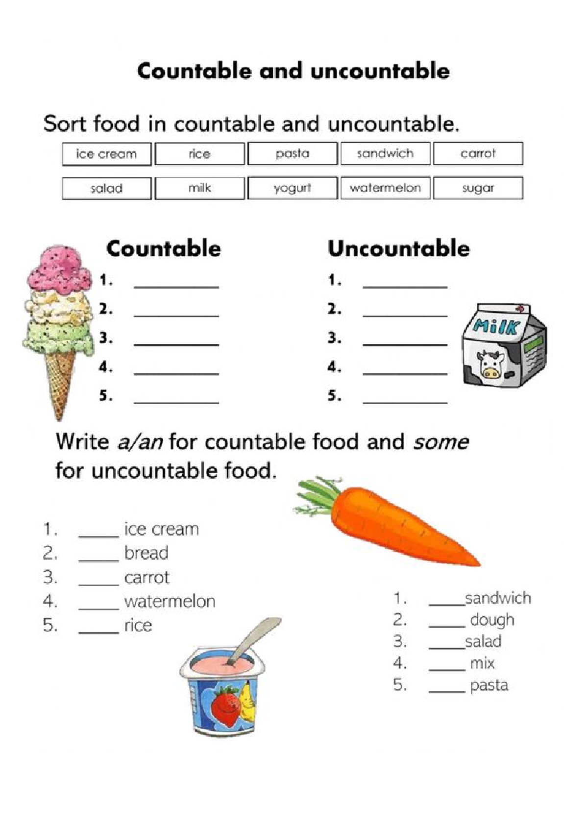 Countable and uncountable - ice cream rice pasta sandwich carrot salad ...