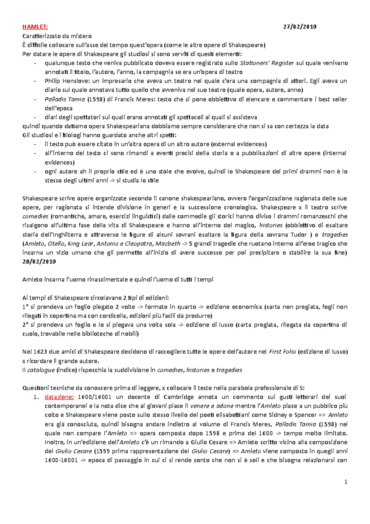 2° semestre - Amleto - Appunti tutte - HAMLET: 27/02/ Caratterizzato da ...