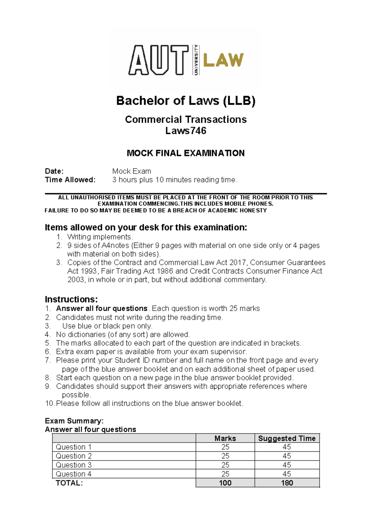 Laws746 Commercial Transactions Mock Exam-1 - Bachelor of Laws (LLB ...